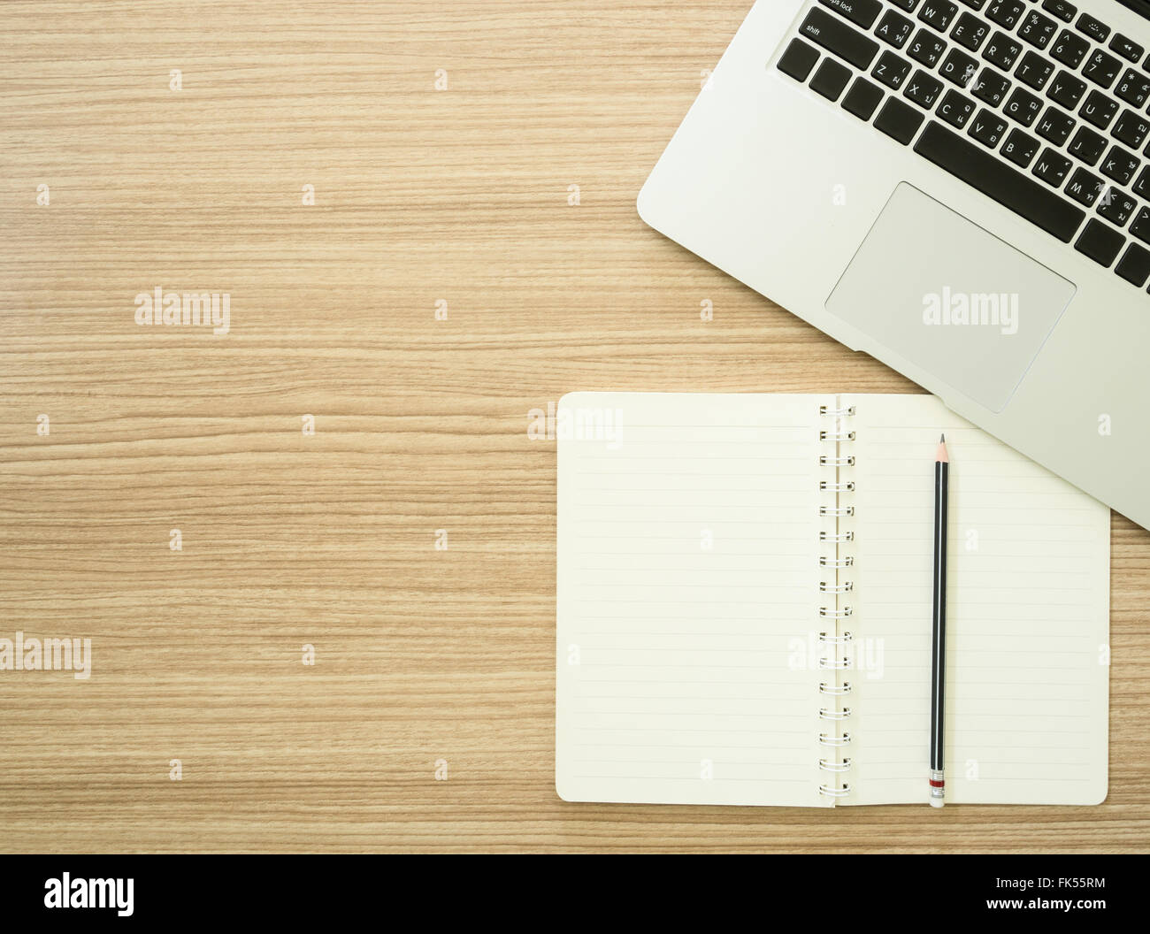 workspace with computer and notebook. View from above Stock Photo - Alamy