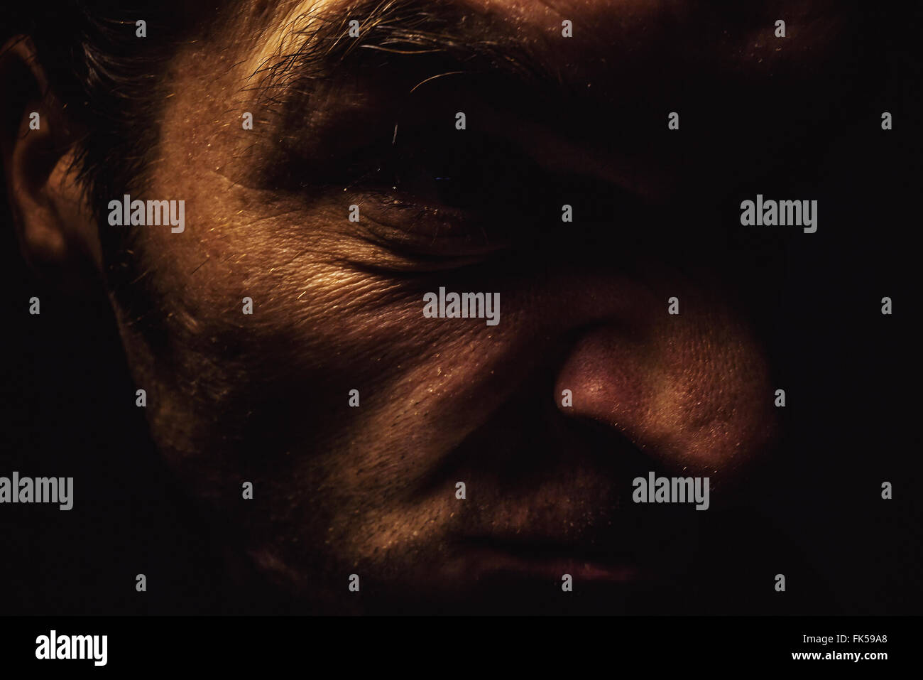 Details of a skin and look of a man, expression of hate and aggression ...