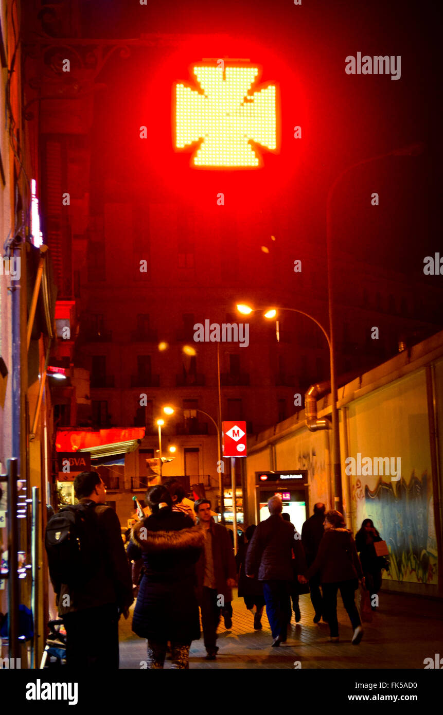 Pharmacy sign. Red cross light at street. Barcelona, Catalonia, Spain ...