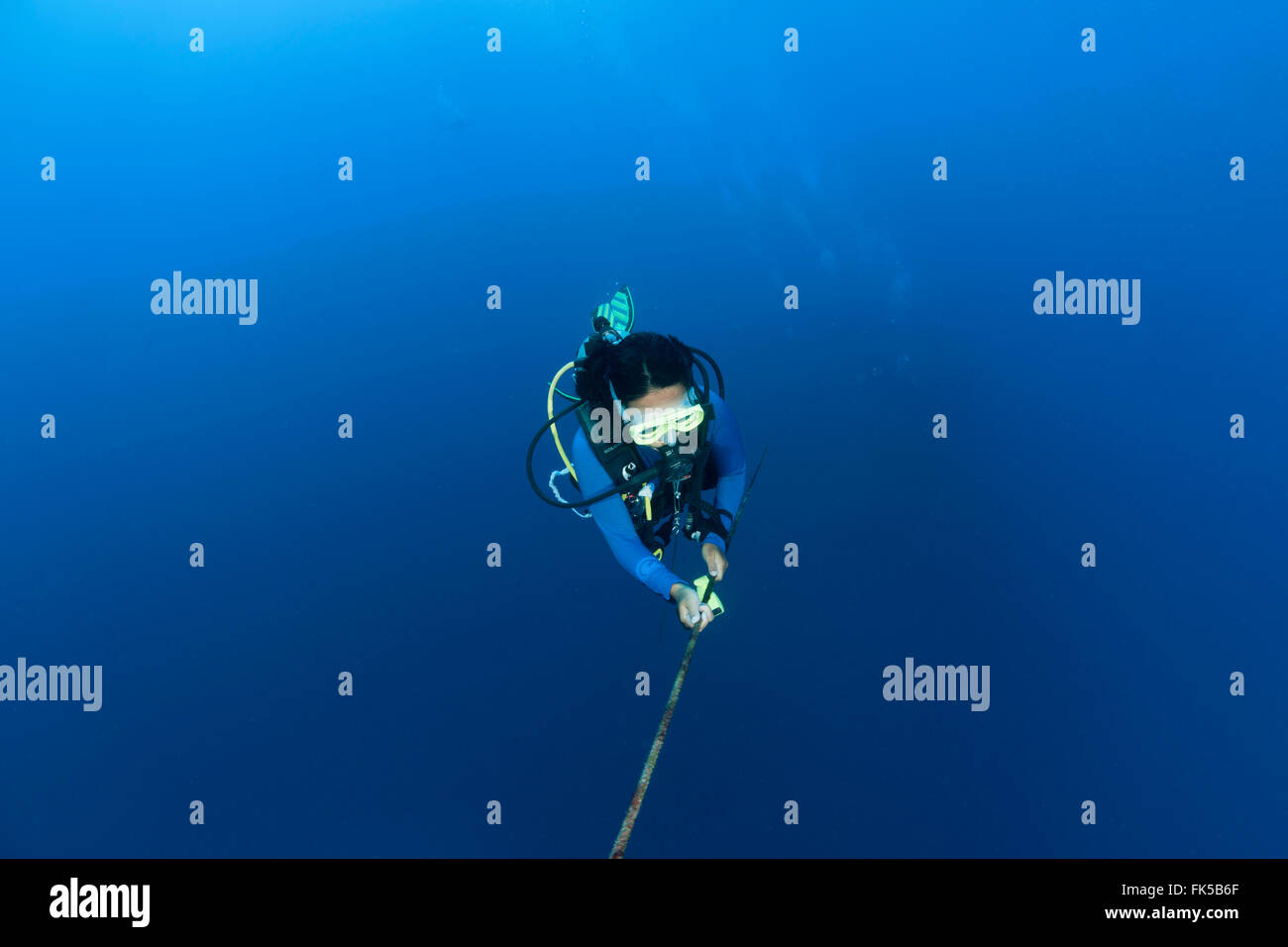 Diver uses a rope to guide her to dive site called the Arches Stock ...
