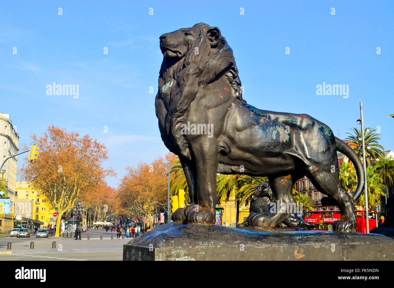 Lion sculpture at the base of Columbus monument. La Rambla, Barcelona ...