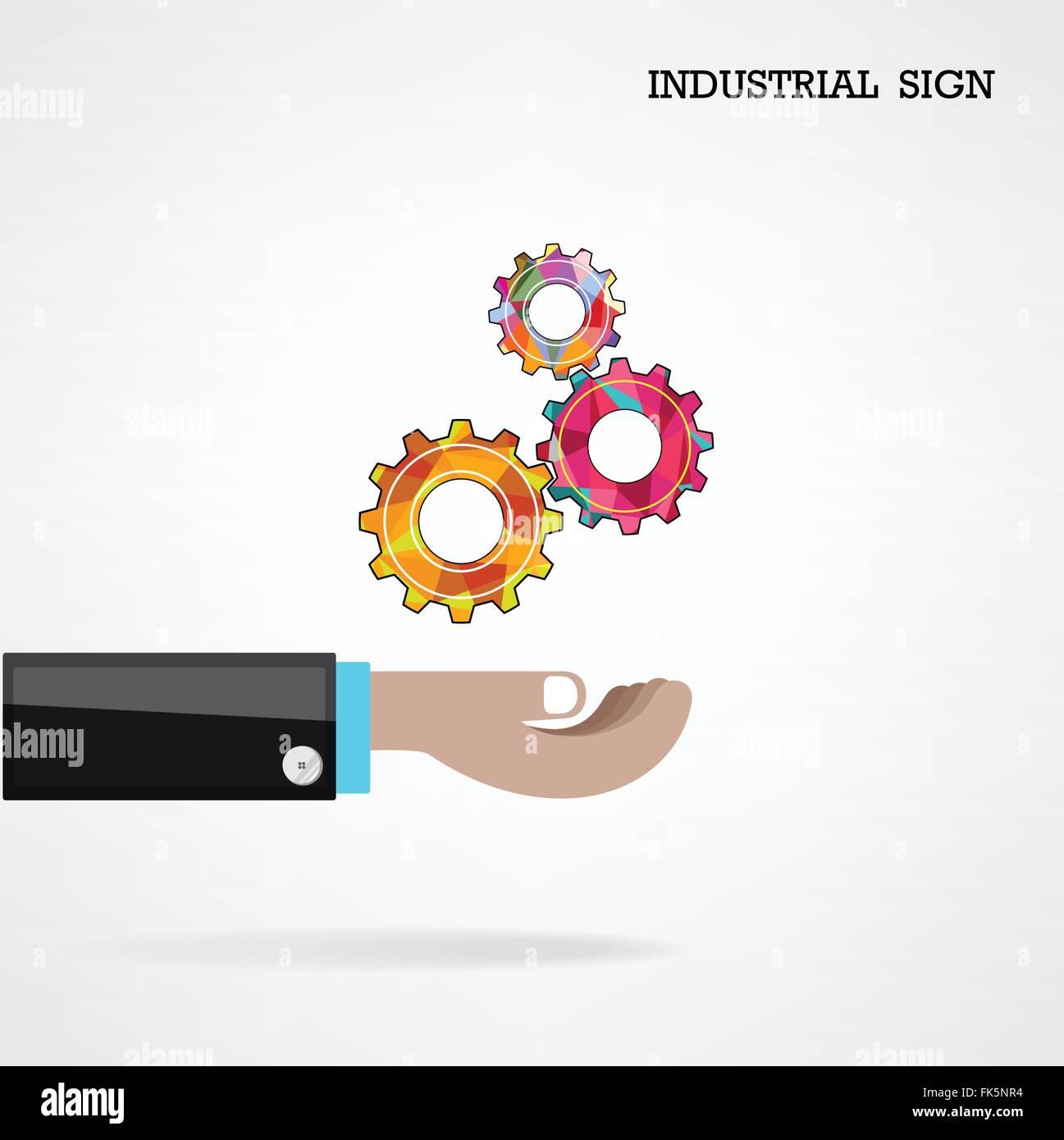 Geometric gears with businessman hand on background, industrial sign ...