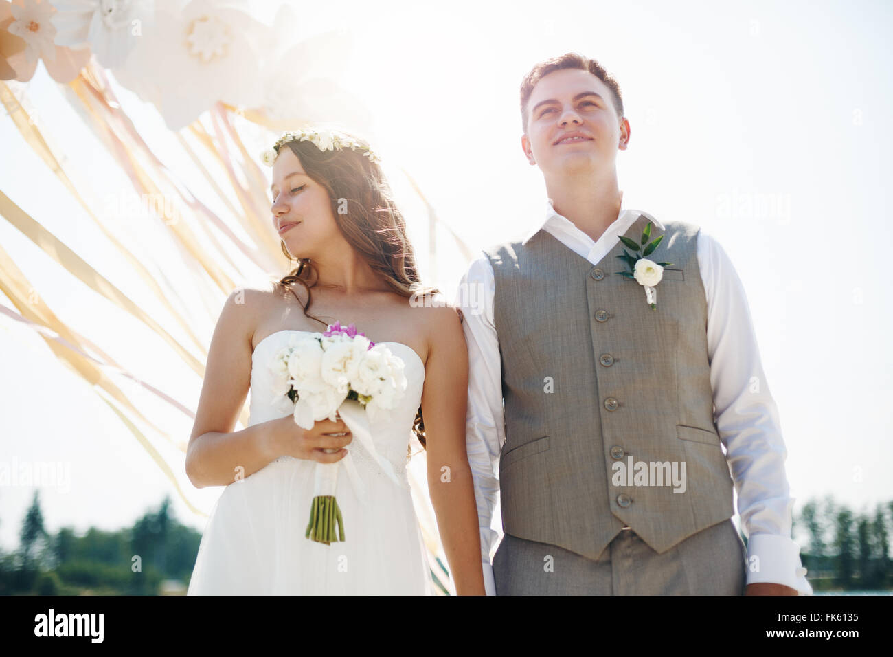 Emotional Moment of Wedding Ceremony. Beautiful Newlywed Couple. Groom ...
