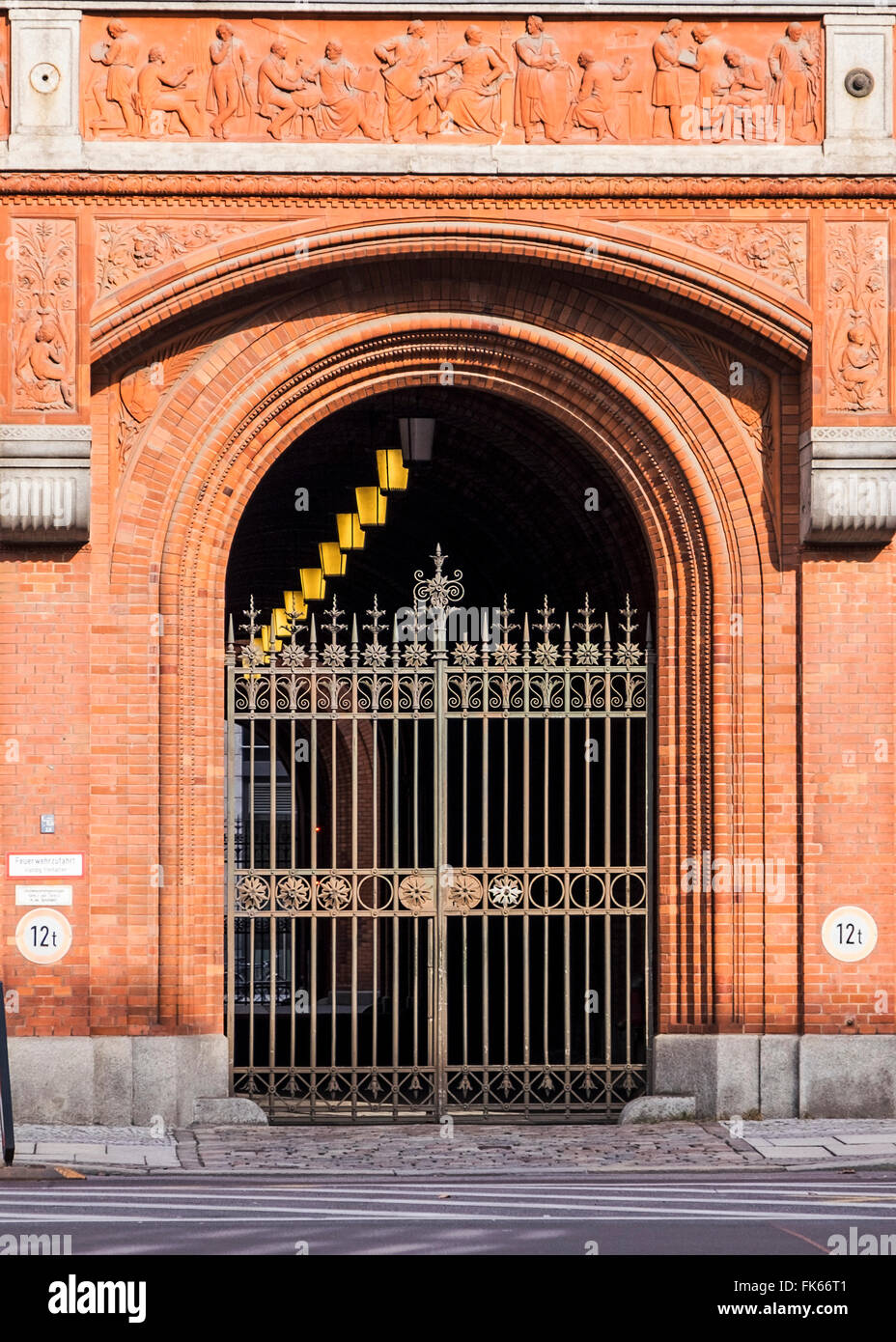 Red brick city hall gate and exterior detail, Rotes Rathaus in Mitte ...