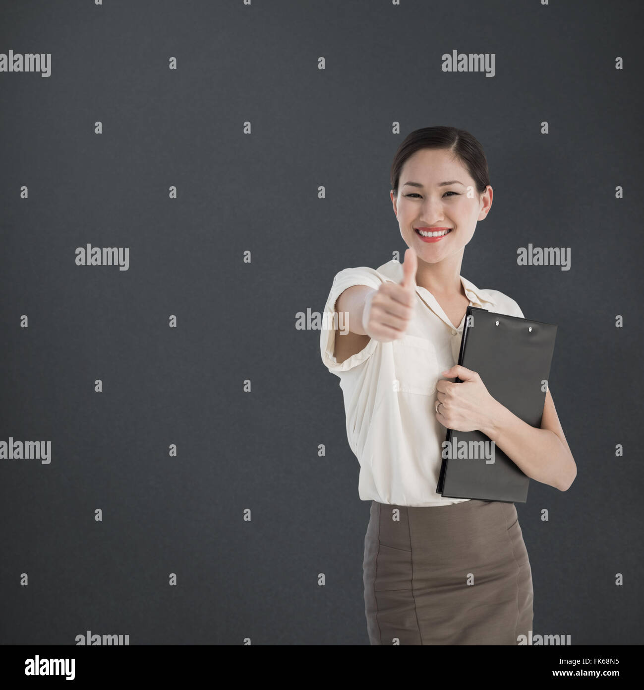 Composite image of woman gesturing thumbs up with people waiting for ...