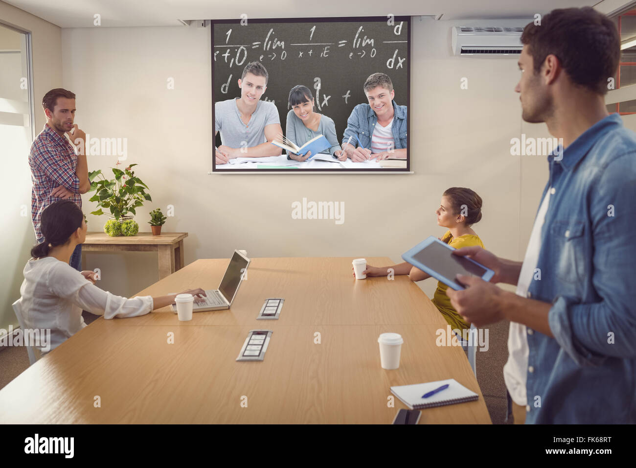Composite image of students doing work together as they all look into ...