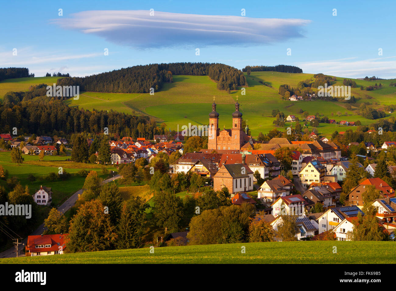 Overview of Saint Peter (Sankt Peter) at sunset, Black Forest, Baden ...