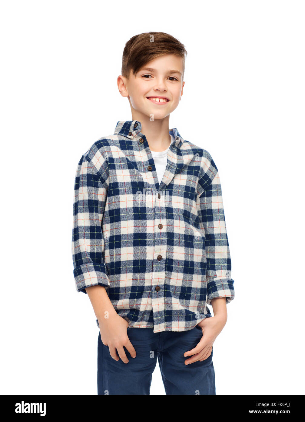 smiling boy in checkered shirt and jeans Stock Photo - Alamy