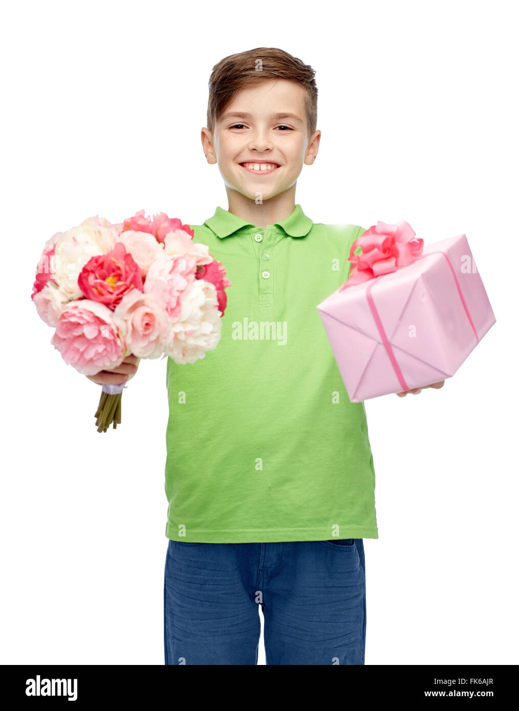 happy boy holding flower bunch and gift box Stock Photo - Alamy