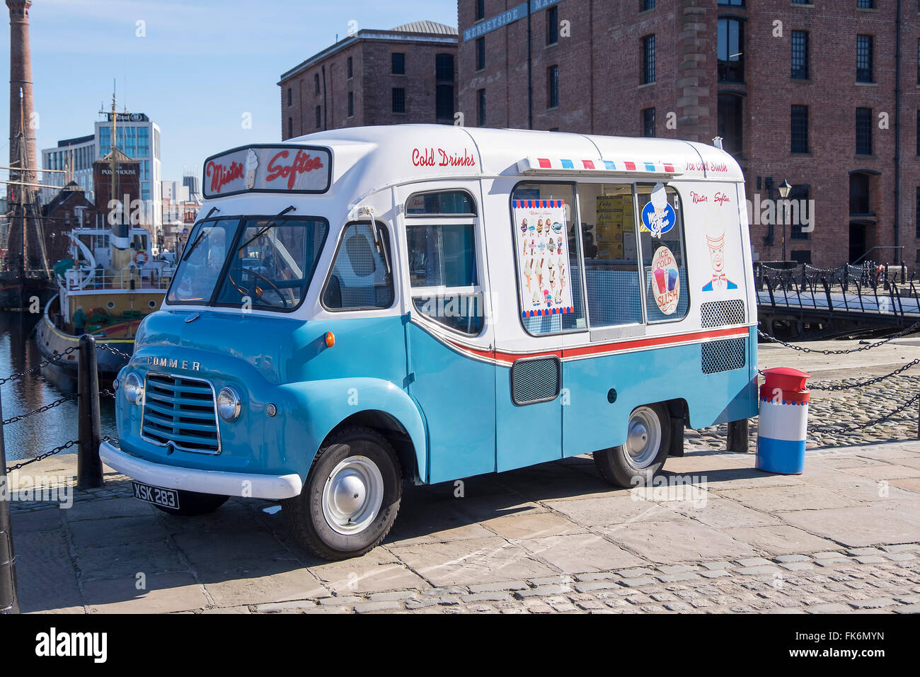 Vintage ice cream vans situated on the cobbled street of albert dock ...