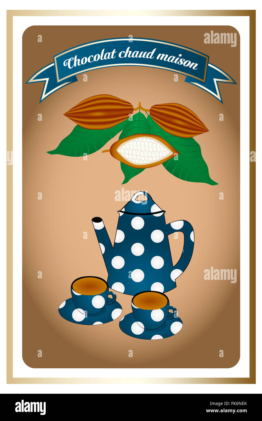 French retro chocolate poster - detailed illustration of cacao fruits ...