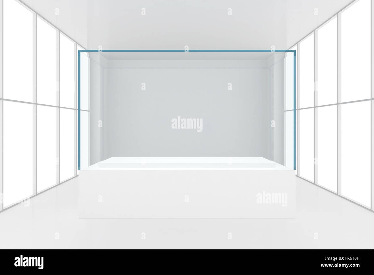 display case. 3d render showcase in white room with windows Stock Photo ...
