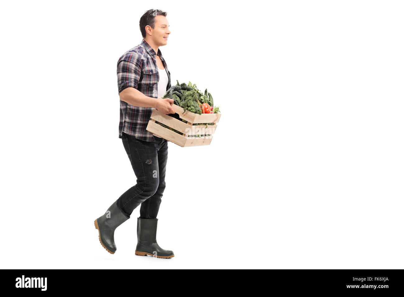 Profile shot of a young agricultural worker carrying a crate full of ...