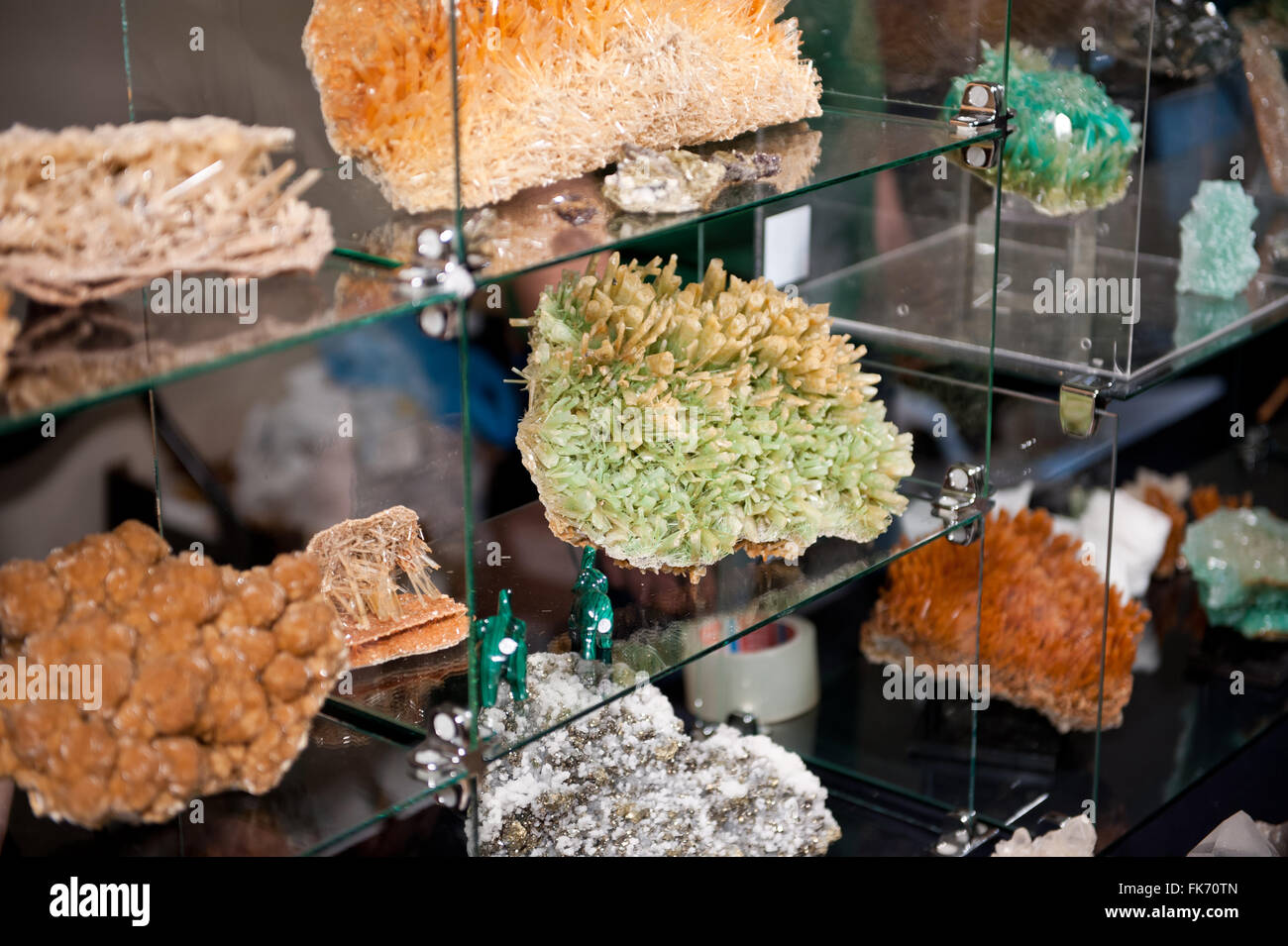 Crystal gemstones in display cabinet on sale at Warsaw Mineral Expo ...