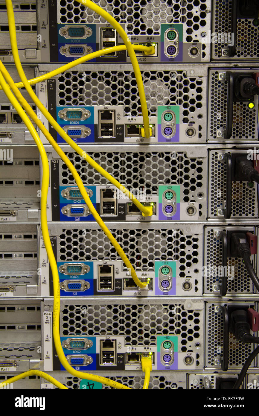 yellow ethernet cables plugged into the rear of a server rack Stock Photo - Alamy