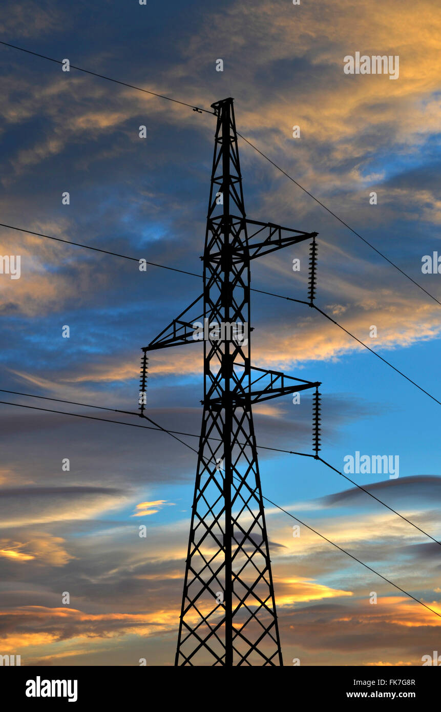 Electric pole power lines and wires at sunset Stock Photo - Alamy