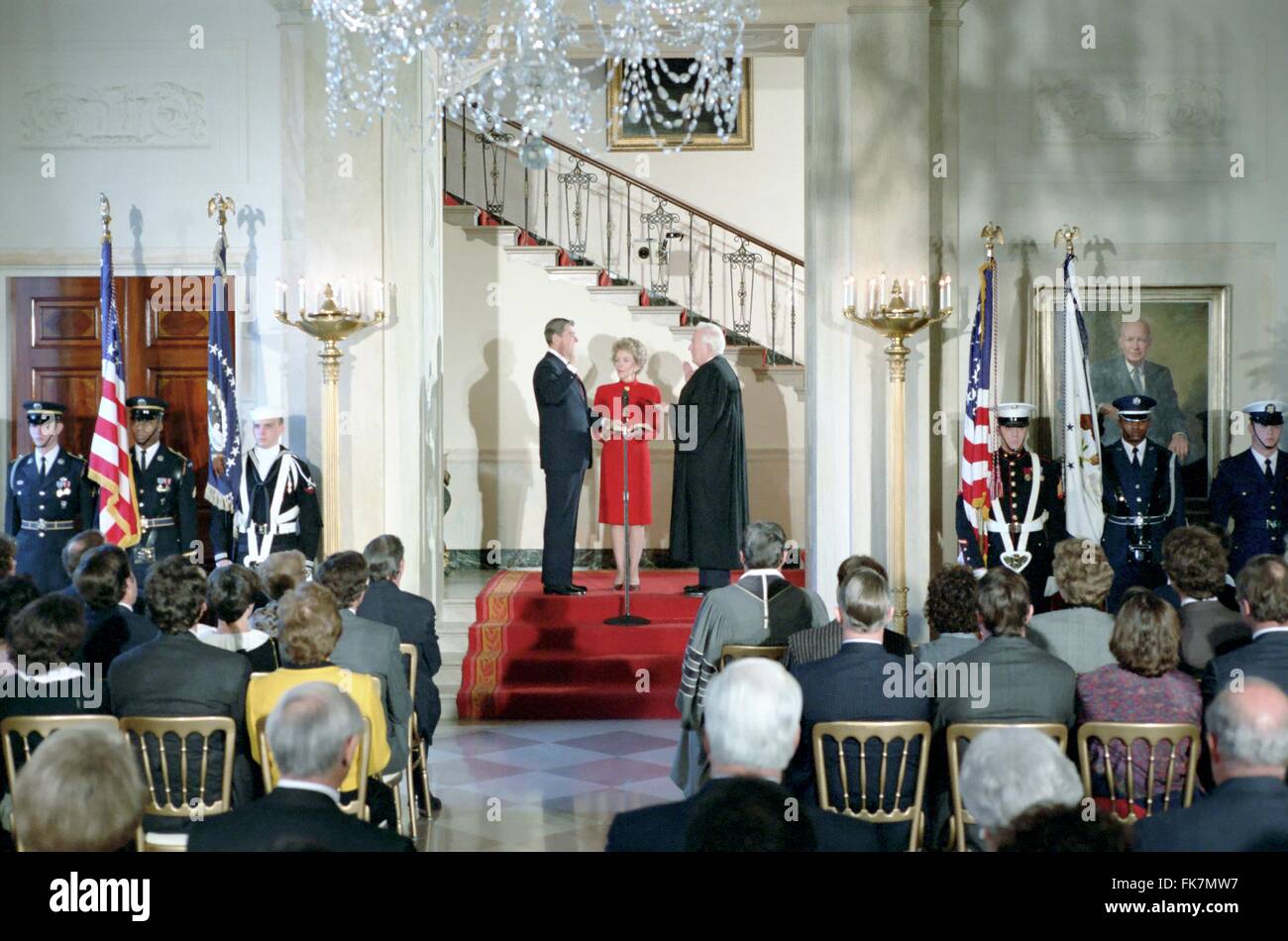 U.S. President Ronald Reagan being sworn in for second term by Chief ...