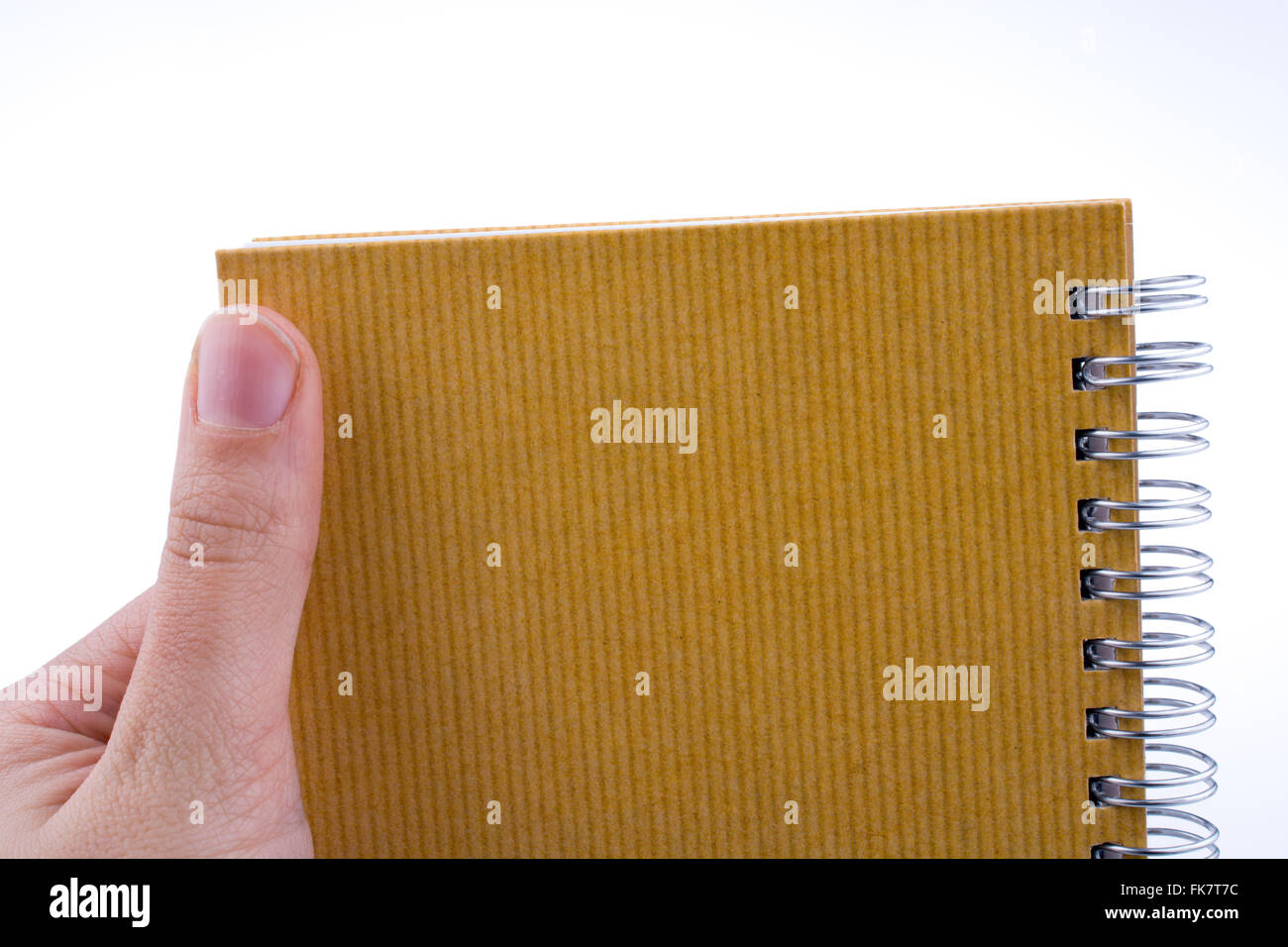 Hand holding a notebook on a white background Stock Photo - Alamy