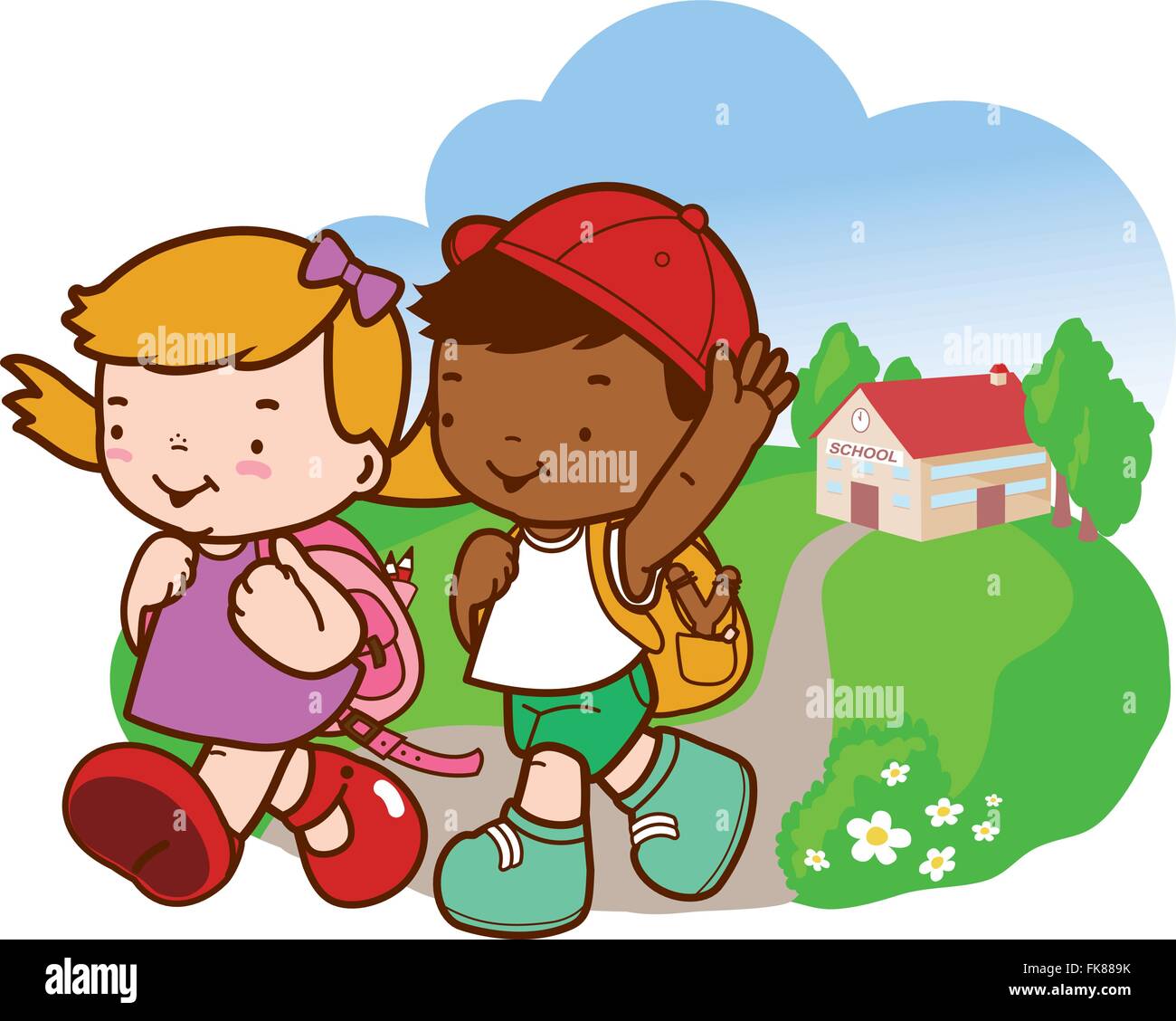 Children are back from school. Student kids, a boy and a girl return ...