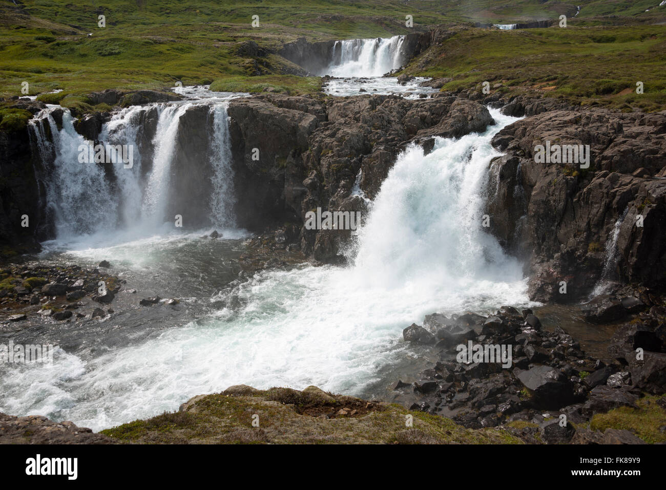 Waterfall, river Fjardara, landscape between Seydisfjordur and ...