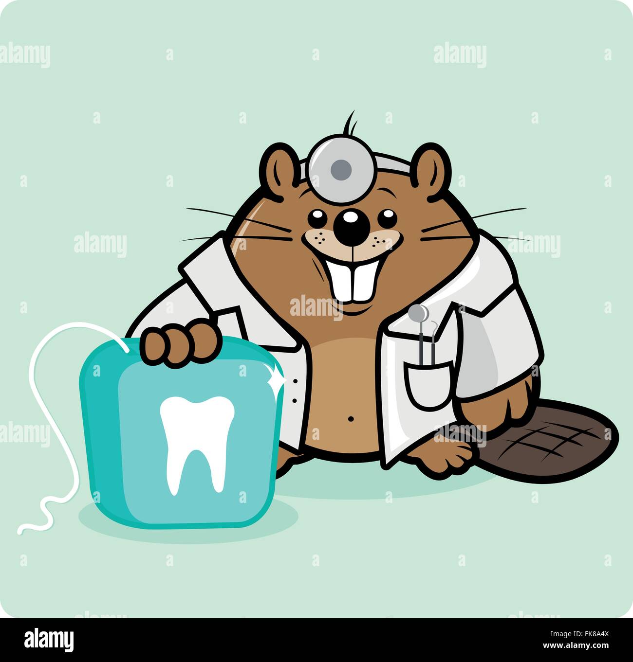 Cartoon beaver dentist with clean teeth holding a dental floss. Beaver ...