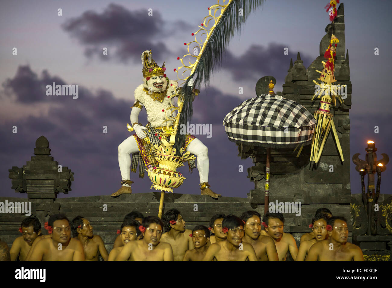 Monkey god Hanuman and dancers performing the classic Balinese Kecak ...