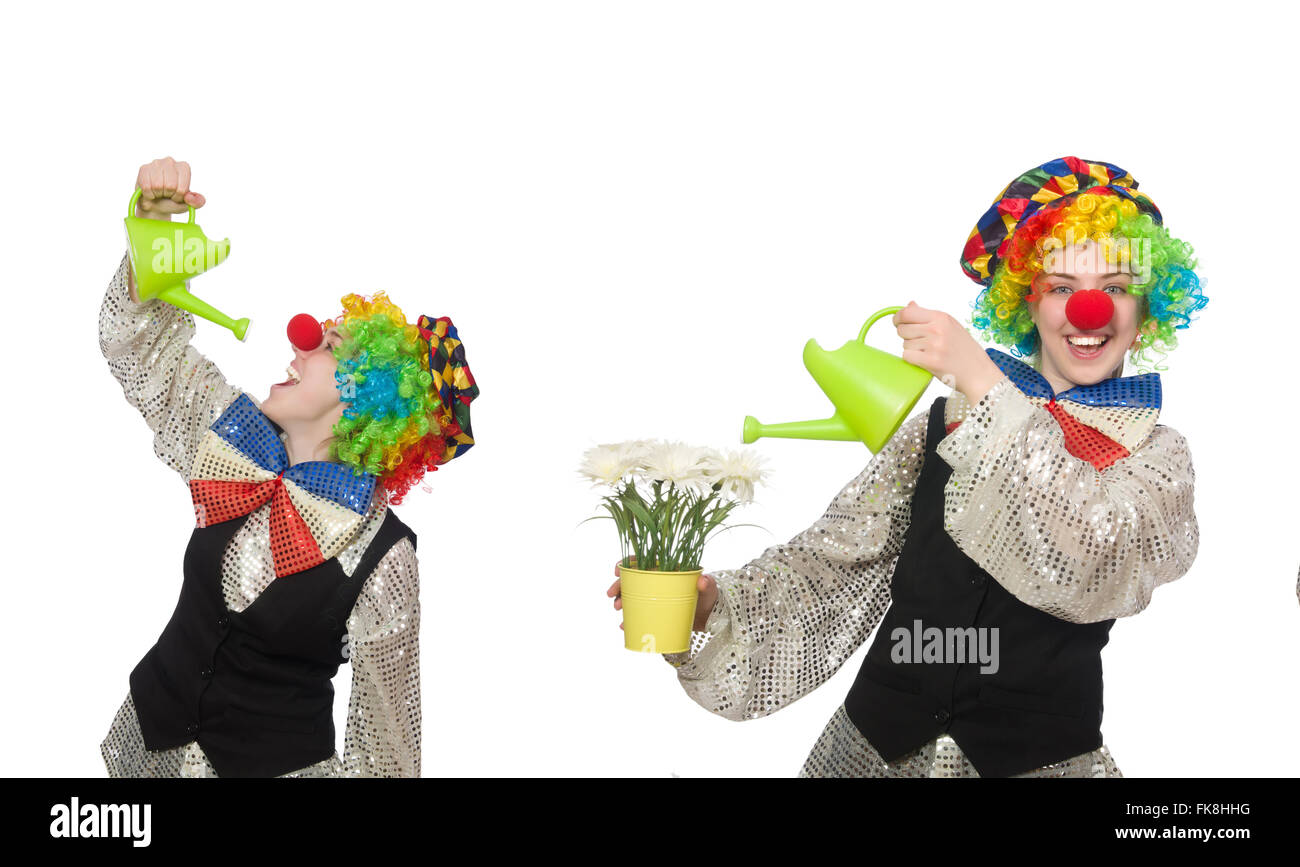 Female clown with watering can isolated on white Stock Photo - Alamy
