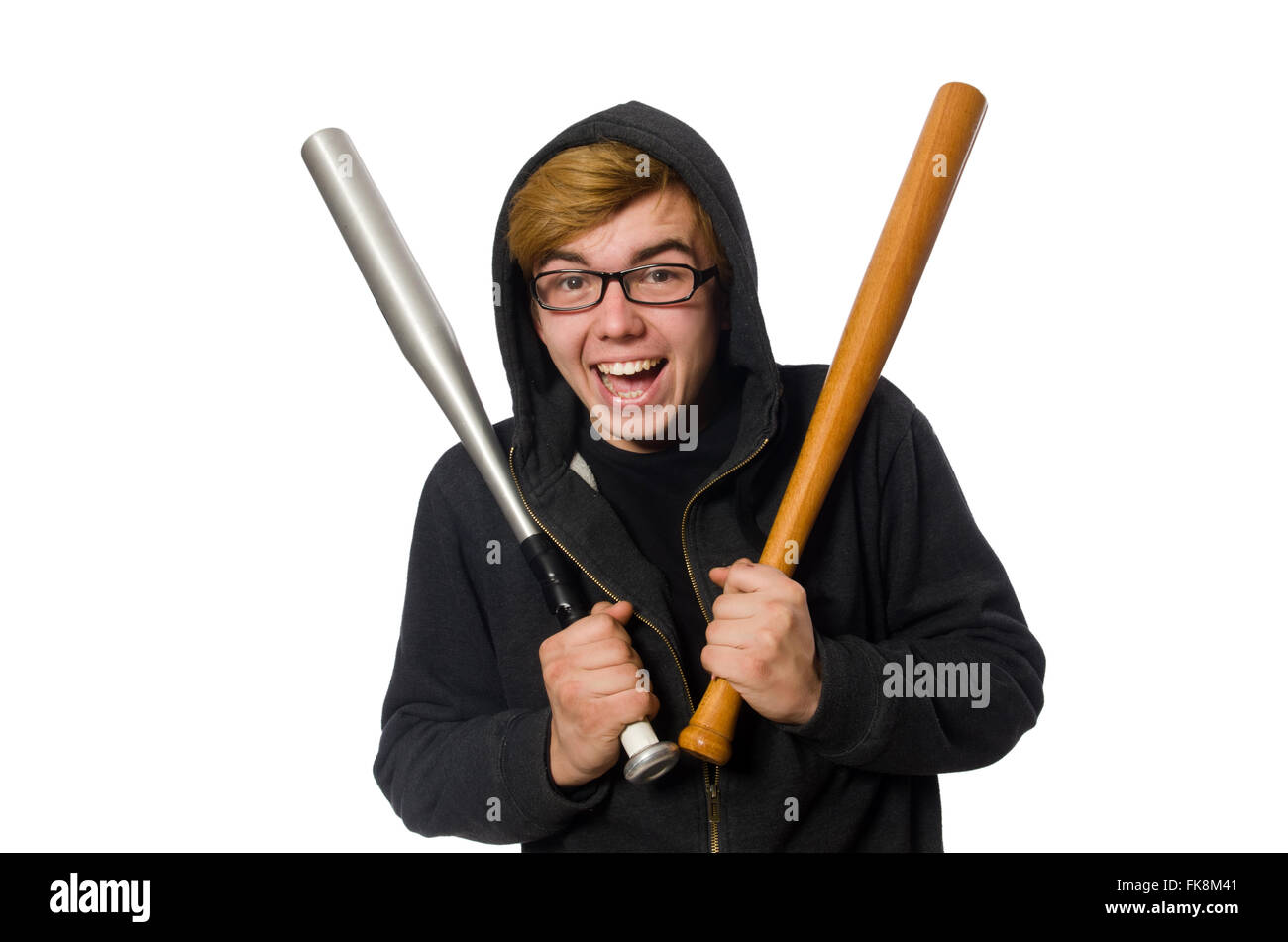 Aggressive man with baseball bat isolated on white Stock Photo - Alamy