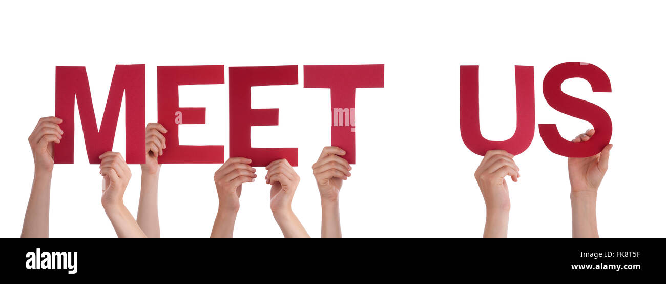 Many People Hands Holding Red Straight Word Meet Us Stock Photo - Alamy