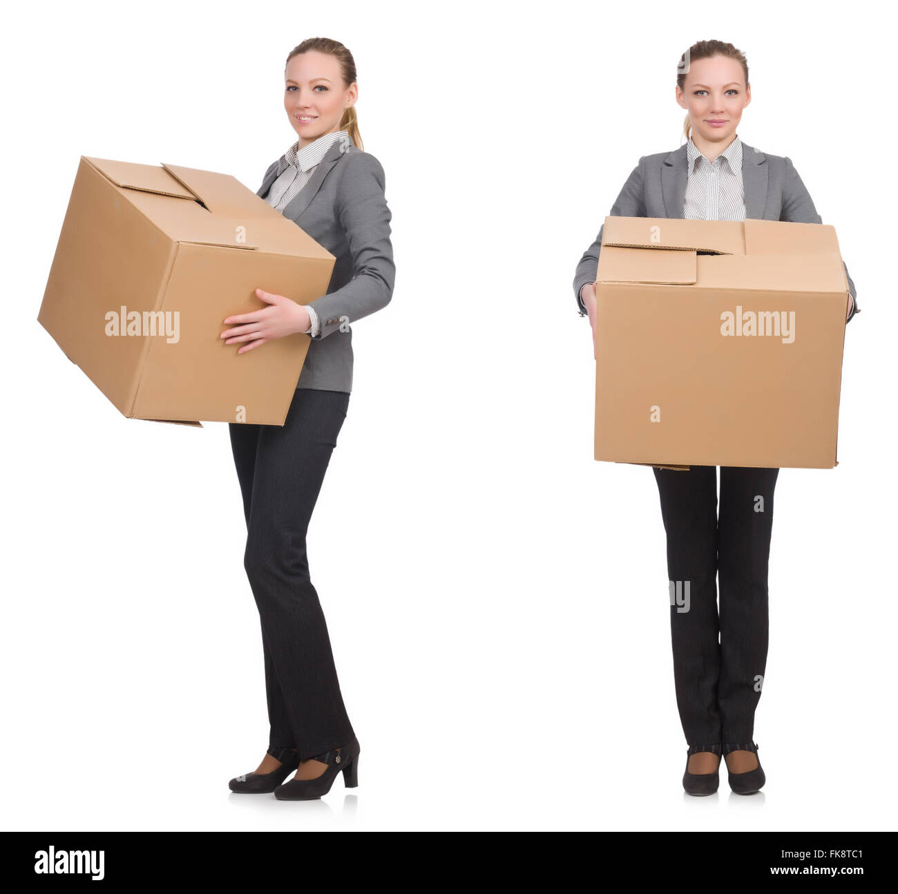 Composite image of woman with boxes on white Stock Photo - Alamy