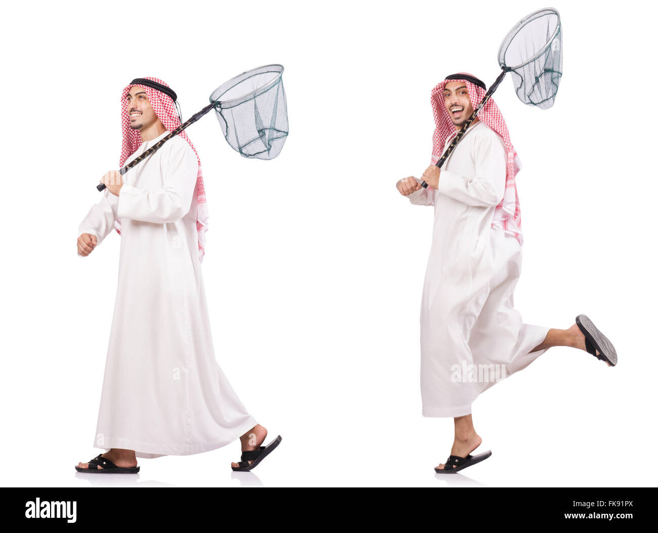 Arab man with catching net isolated on white Stock Photo - Alamy