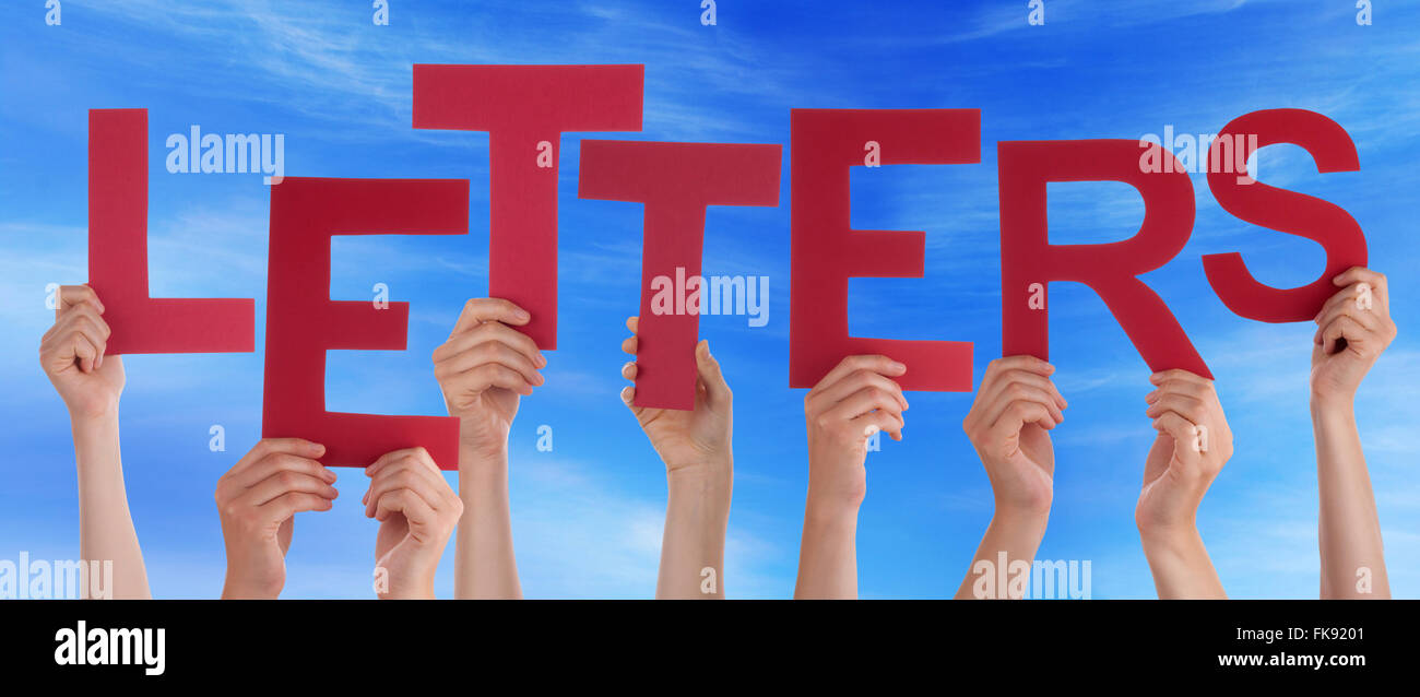 Many People Hands Holding Red Word Letters Blue Sky Stock Photo - Alamy