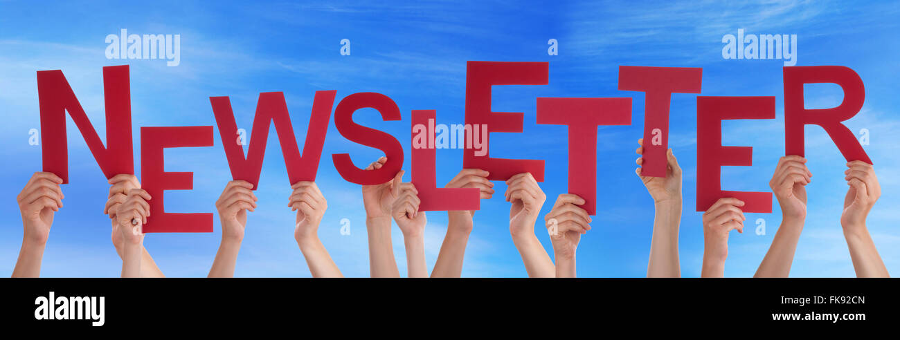 Many People Hands Holding Red Word Newsletter Blue Sky Stock Photo - Alamy