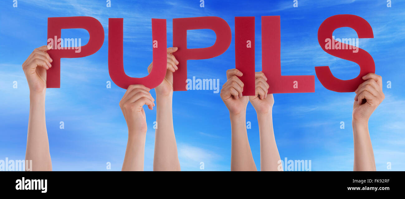 Many People Hands Holding Red Straight Word Pupils Blue Sky Stock Photo ...