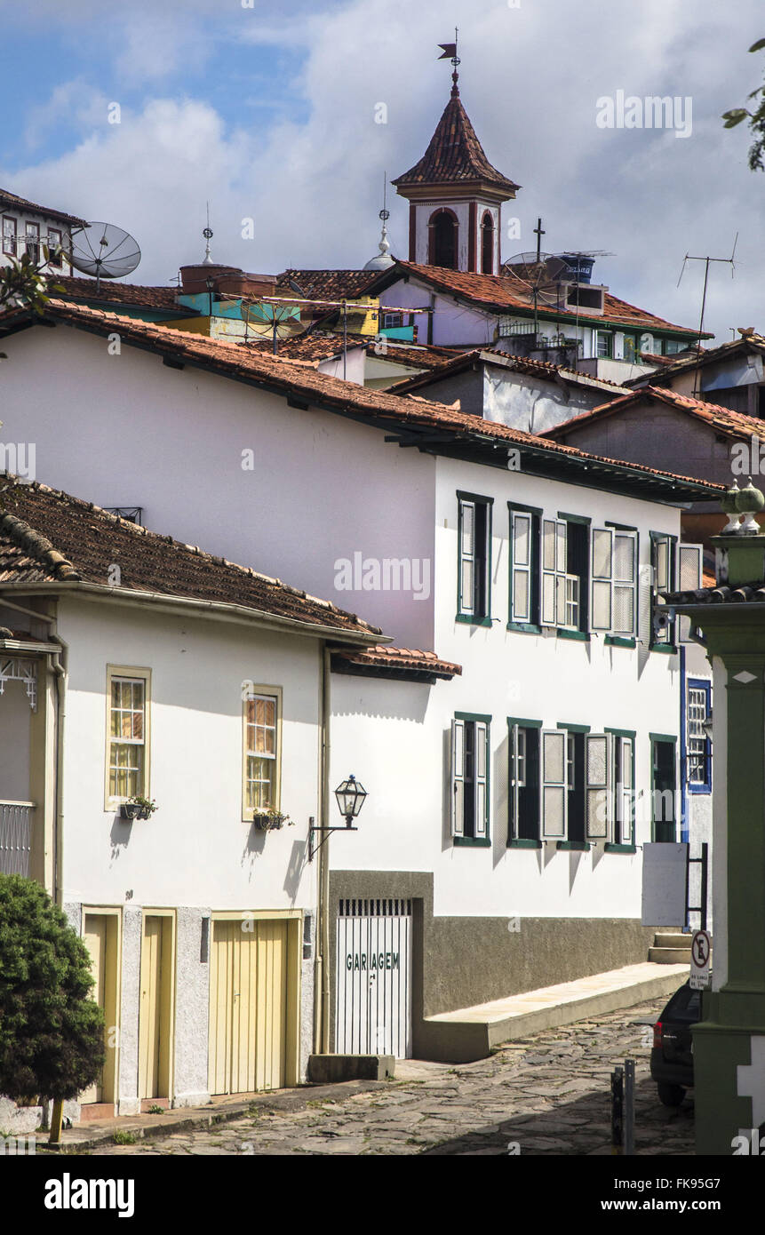 Colonial houses in the historic city center with church tower in the ...