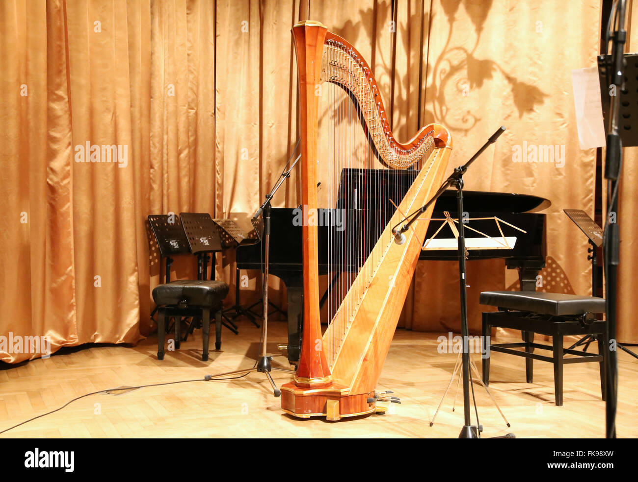 Beautiful golden harp in the auditorium before concert Stock Photo - Alamy