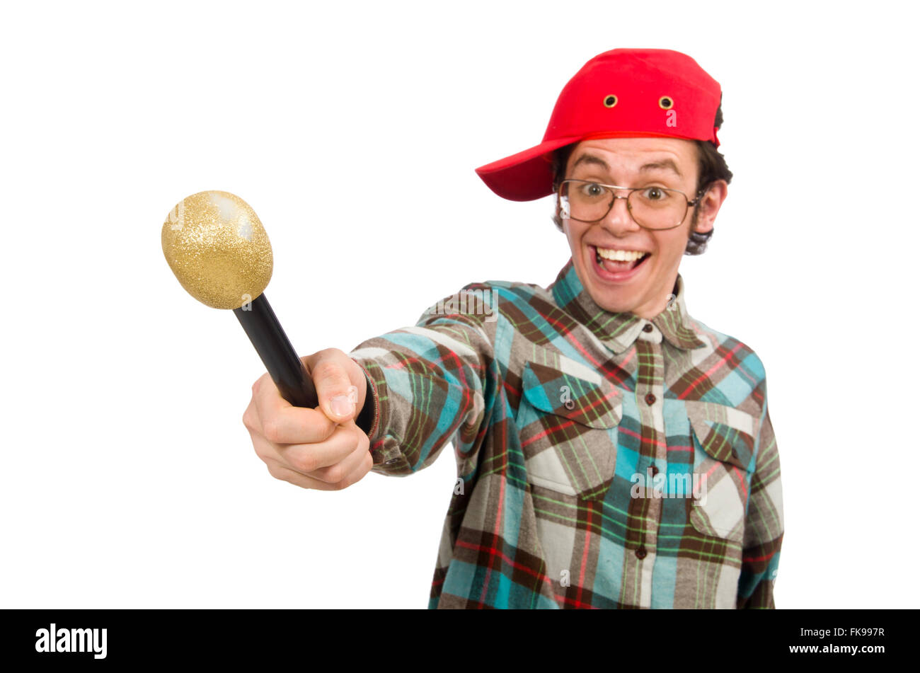 Funny guy singing isolated on white Stock Photo - Alamy