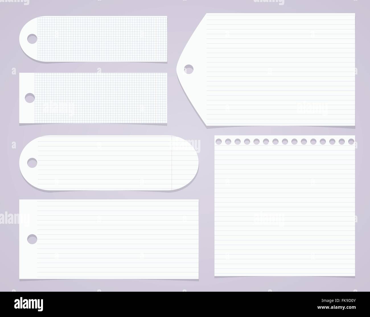 White lined and squared notebook paper, tags on light purple background ...