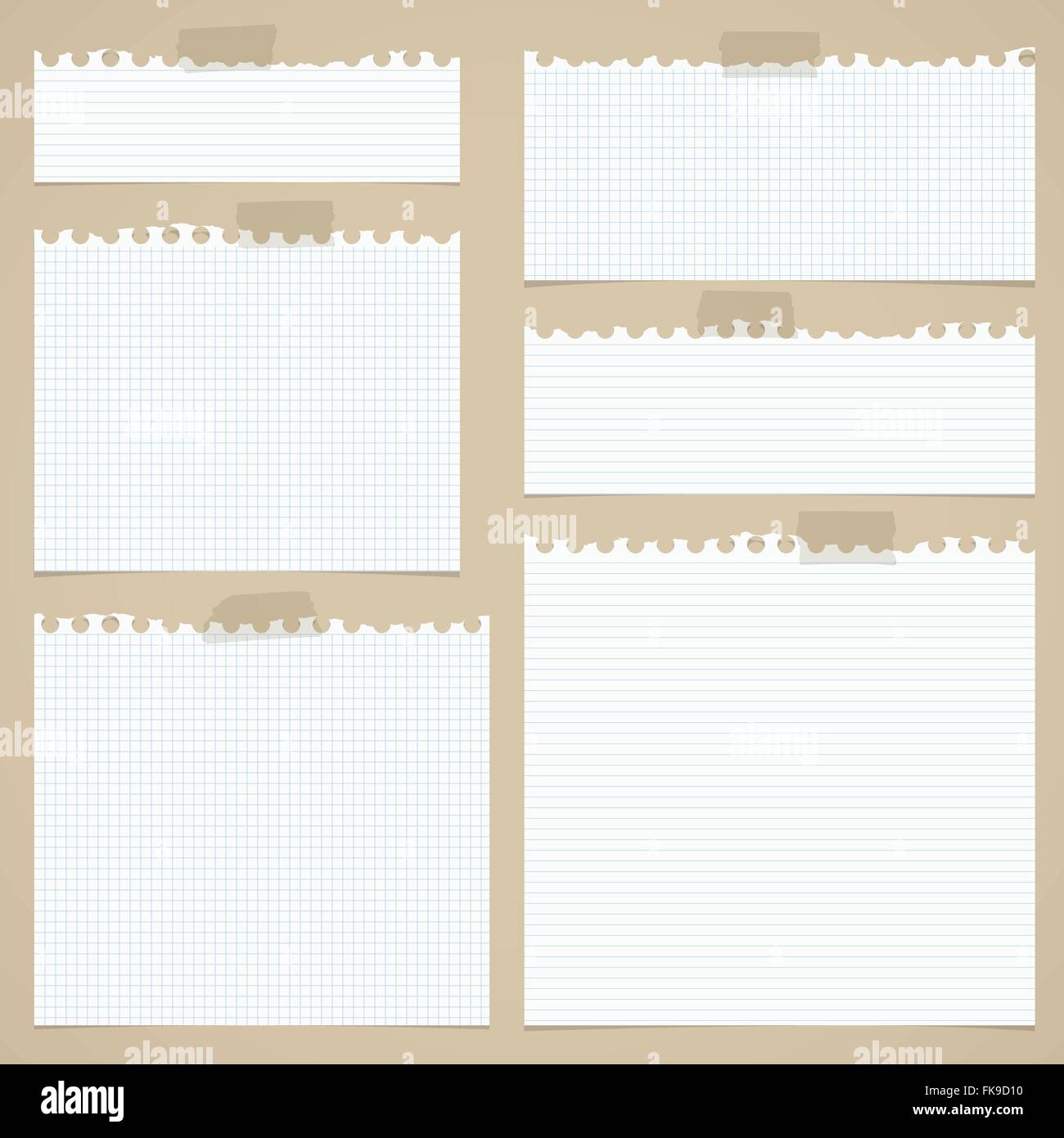 Pieces of torn white lined and squared notebook paper with sticky tape ...