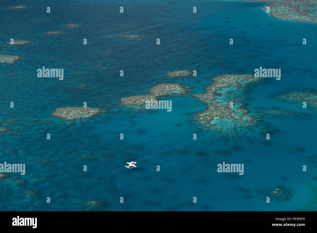Aerial view of Hardy Reef with float plane, home to the heart reef, in ...