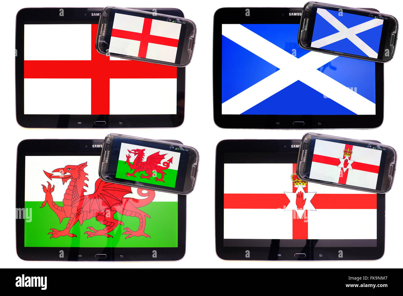 English, Scottish, Welsh and Northern Irish flags on tablets and ...