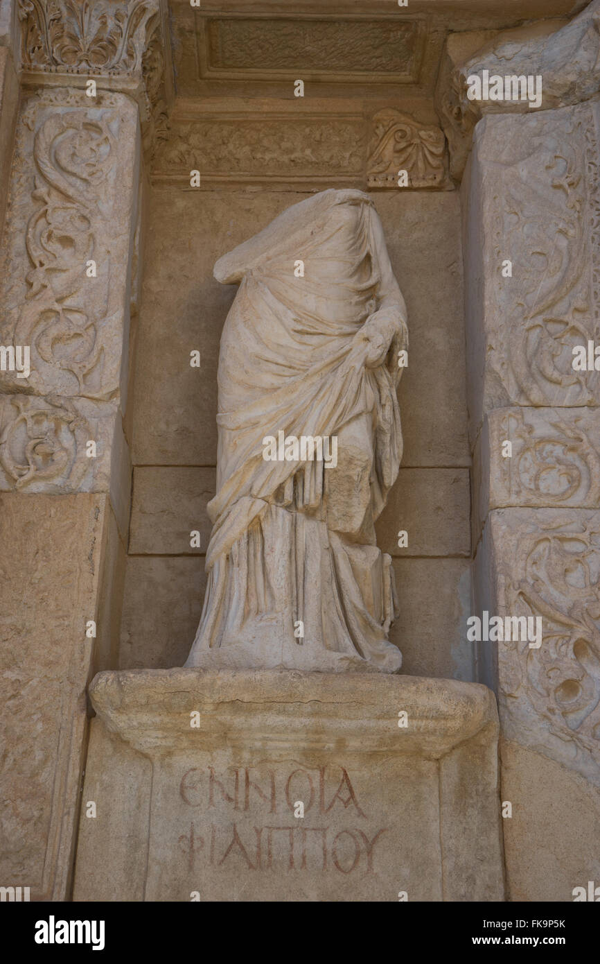 Statue at the library of Celsius at the ancient Greek and Roman periods ...