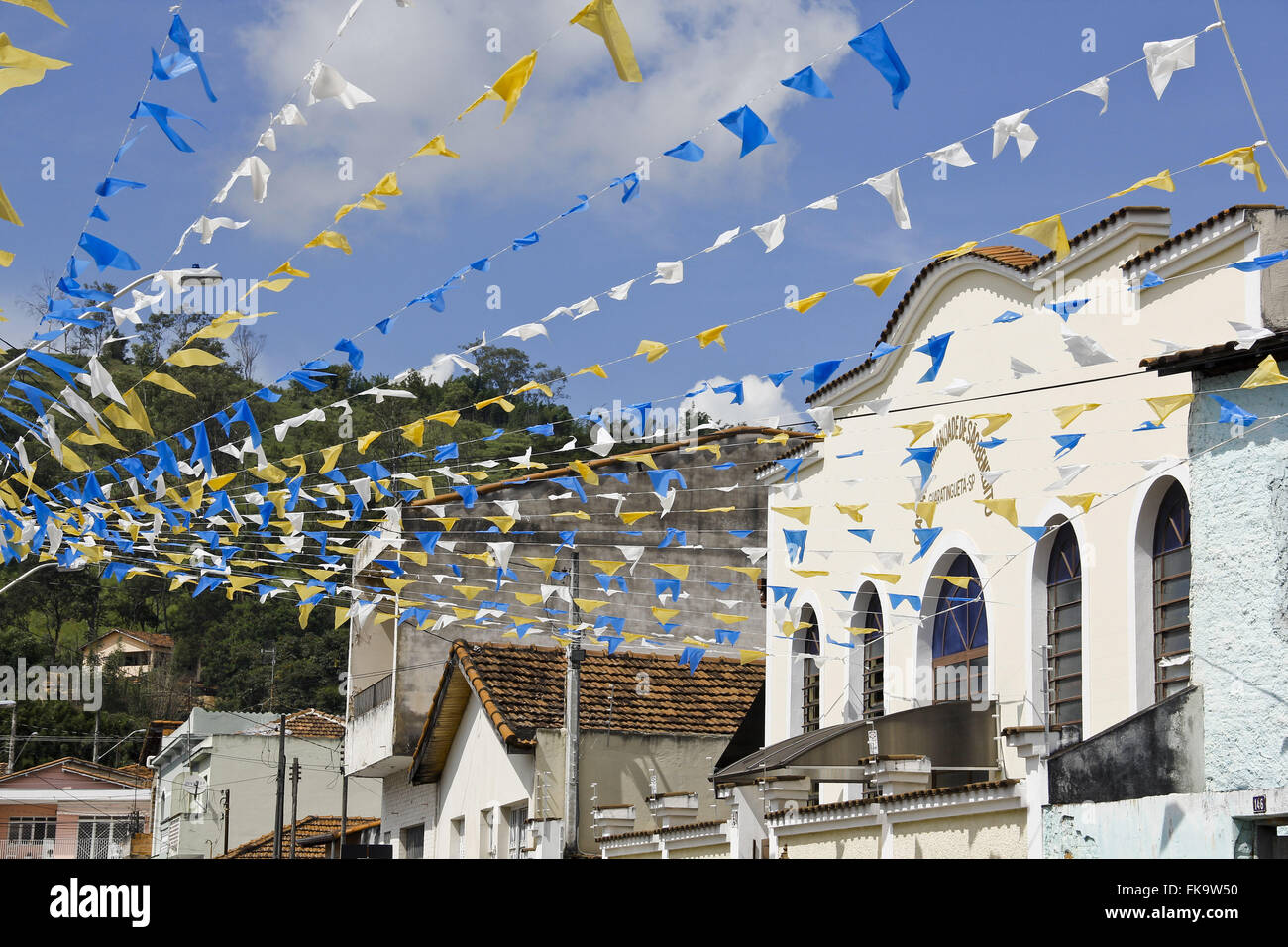 Street decorated with flags for the traditional Feast of Saint Benedict ...