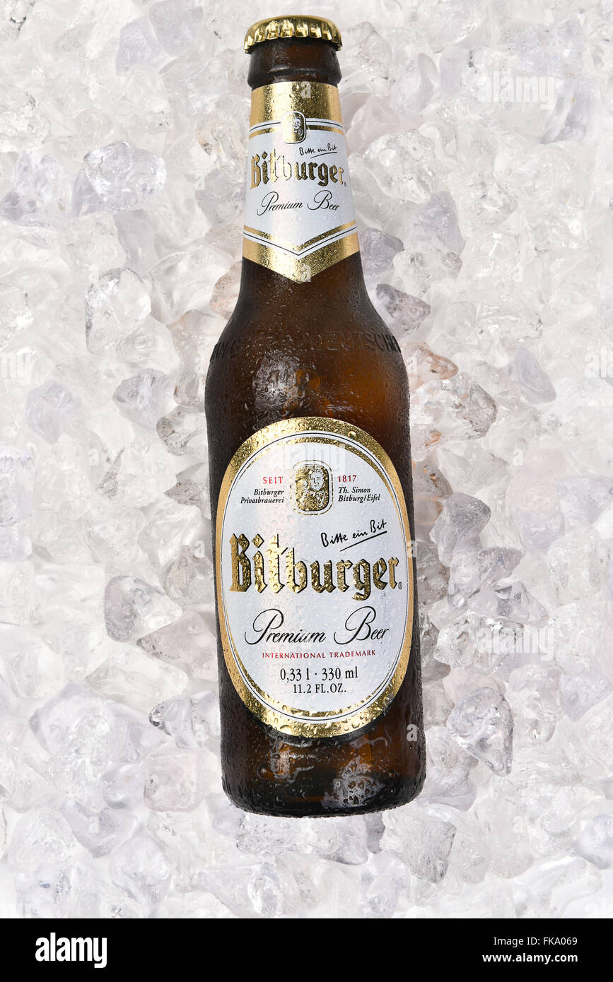 Bitburger Beer Bottle On A Bed Of Ice Closeup For A High Angle Stock