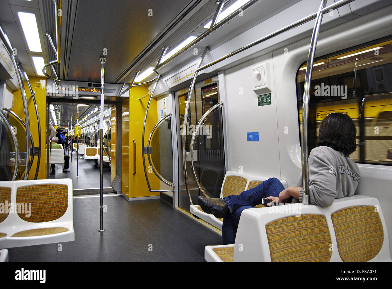 Inside the wagon the yellow line of the Metro Stock Photo - Alamy