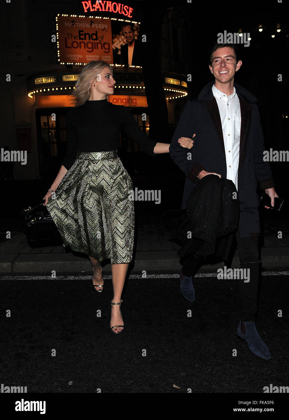 Pixie Lott and her friend Joe Mowles leave the Playhouse Theatre after ...