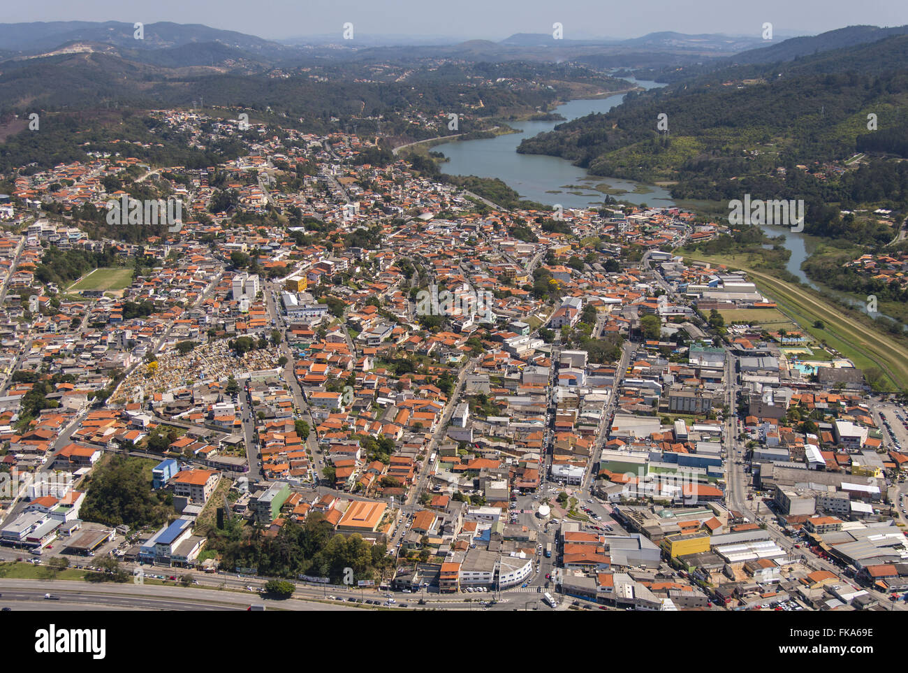 Aerial view of the city and dam Mairipora the background Stock Photo ...