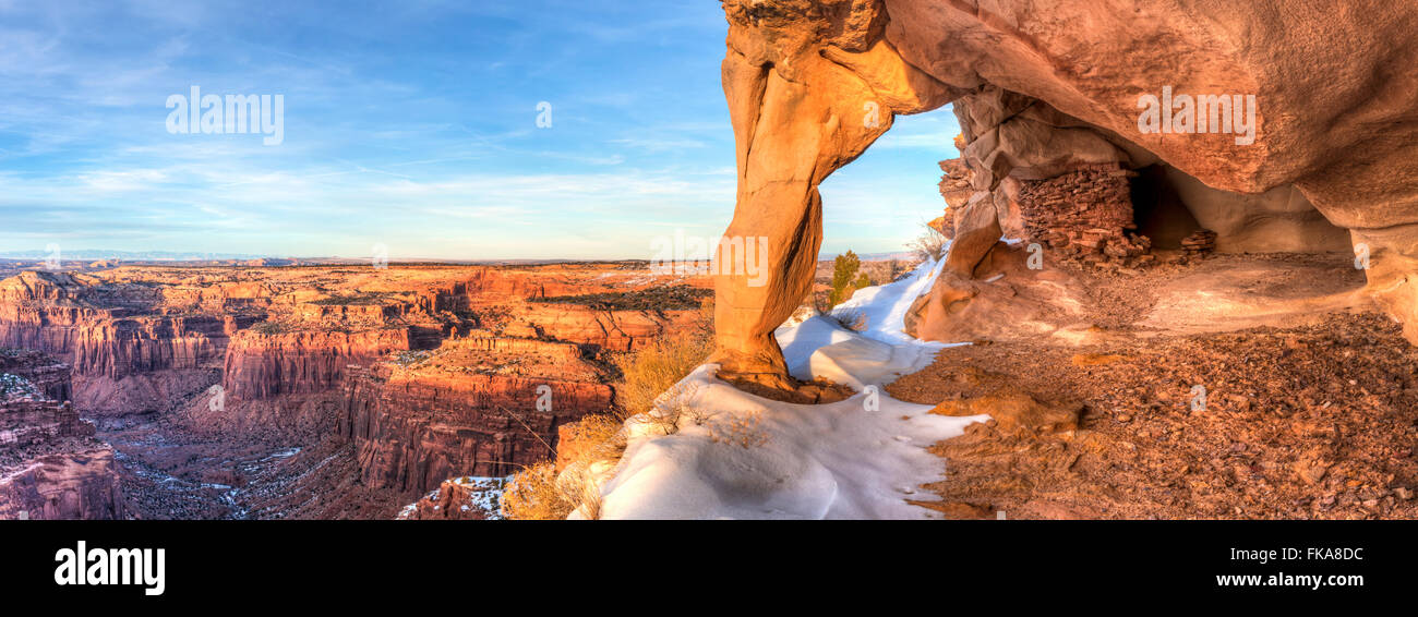 The remains of a Native American grainery in an alcove on Aztec Butte ...