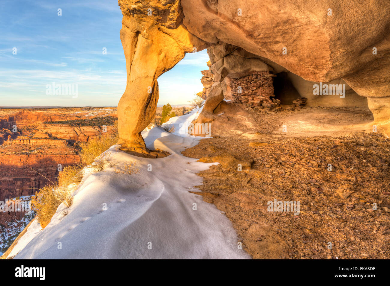 The remains of a Native American grainery in an alcove on Aztec Butte ...
