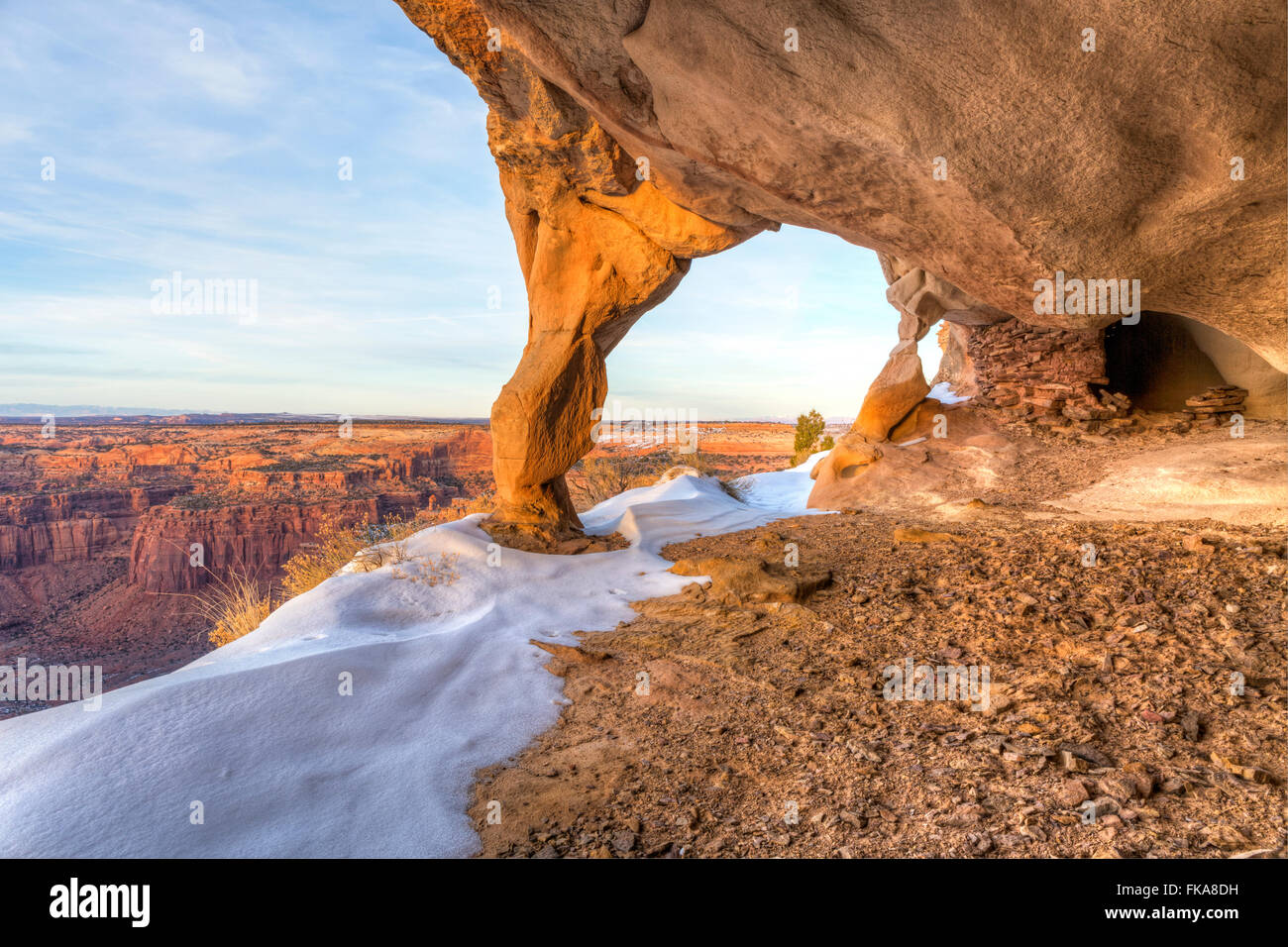 The remains of a Native American grainery in an alcove on Aztec Butte ...